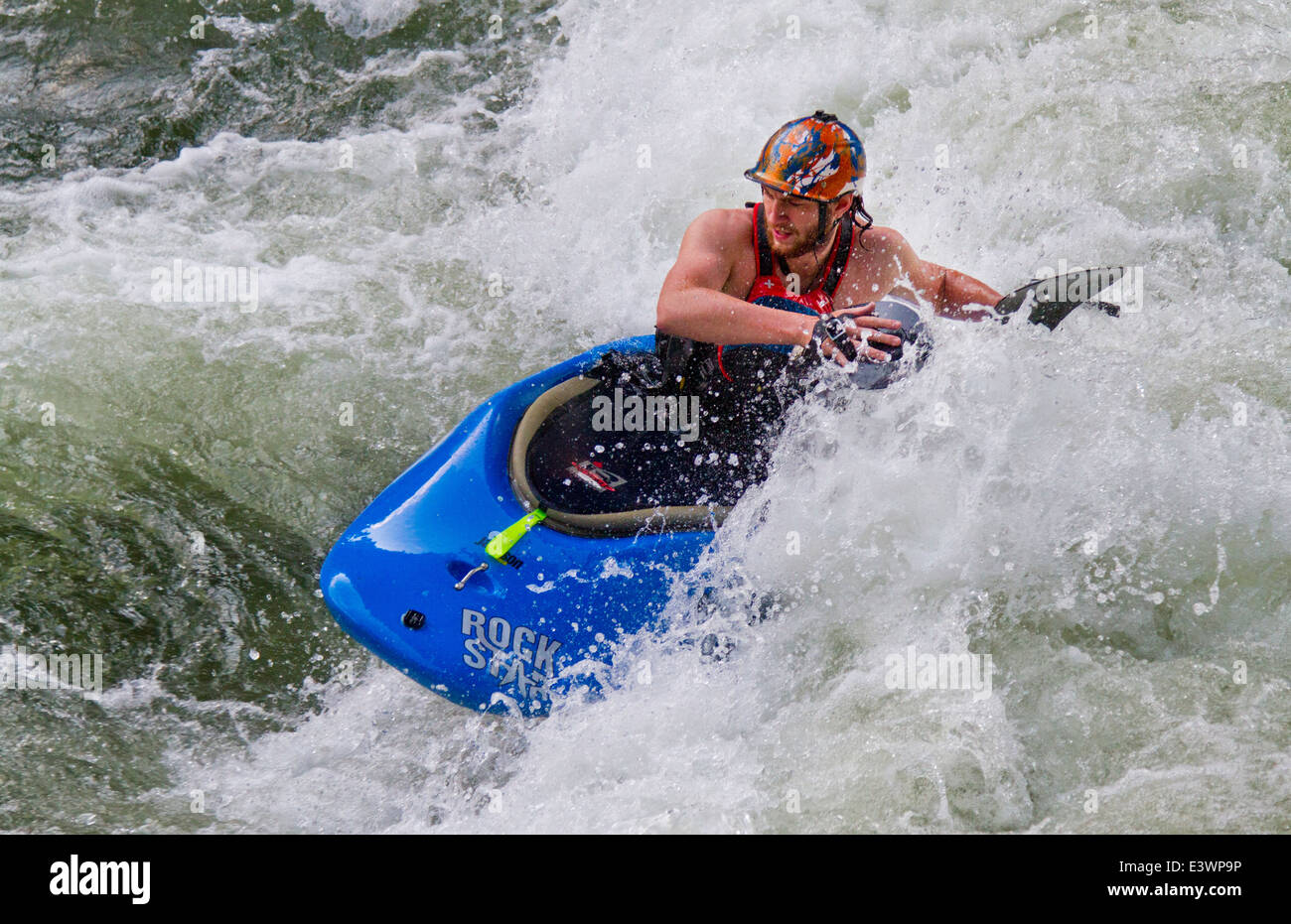 Whitewater kayaker paddling with hand paddles on Ocoee River in ...