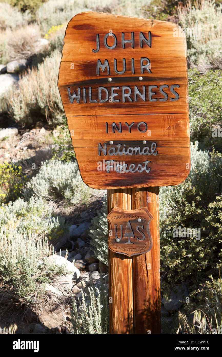 A wooden John Muir wilderness trail sign in the Inyo national forest of ...