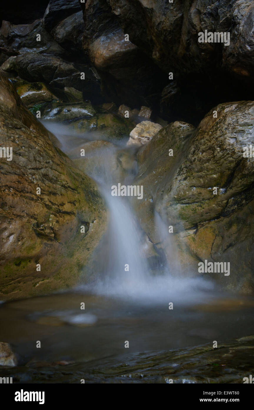 Long exposure of a stream falling and collecting in a pool at near the ...