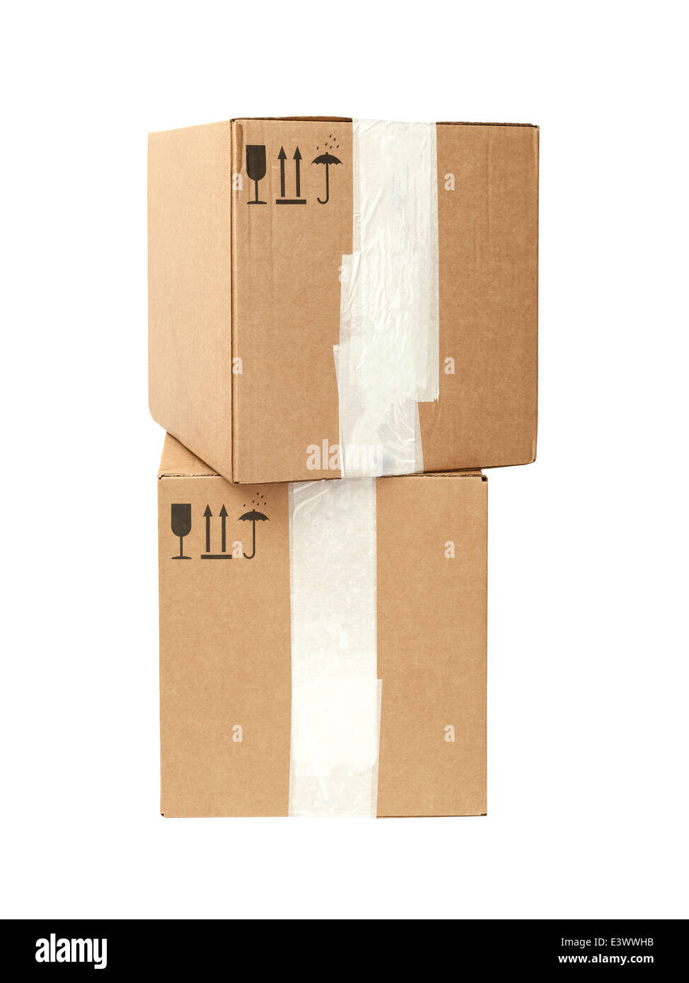 Cardboard boxes with standard black signs isolated on white background ...