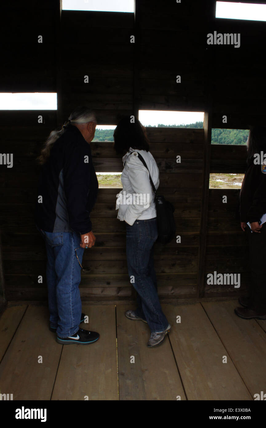 A viewing blind on the boardwalk at the Coastal Wetlands in Puget Sound ...