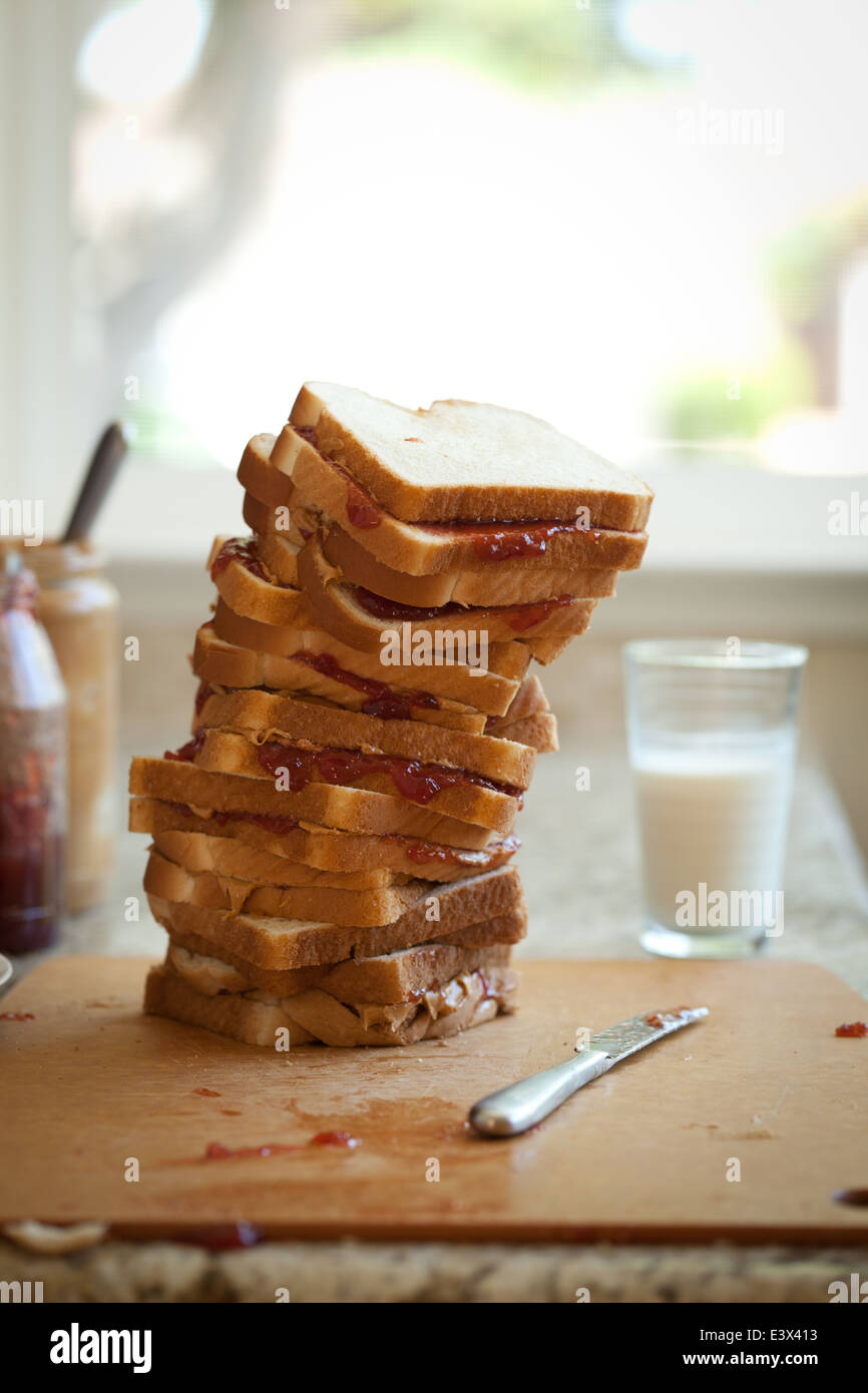 Leaning stack of peanut butter and jelly sandwiches Stock Photo - Alamy
