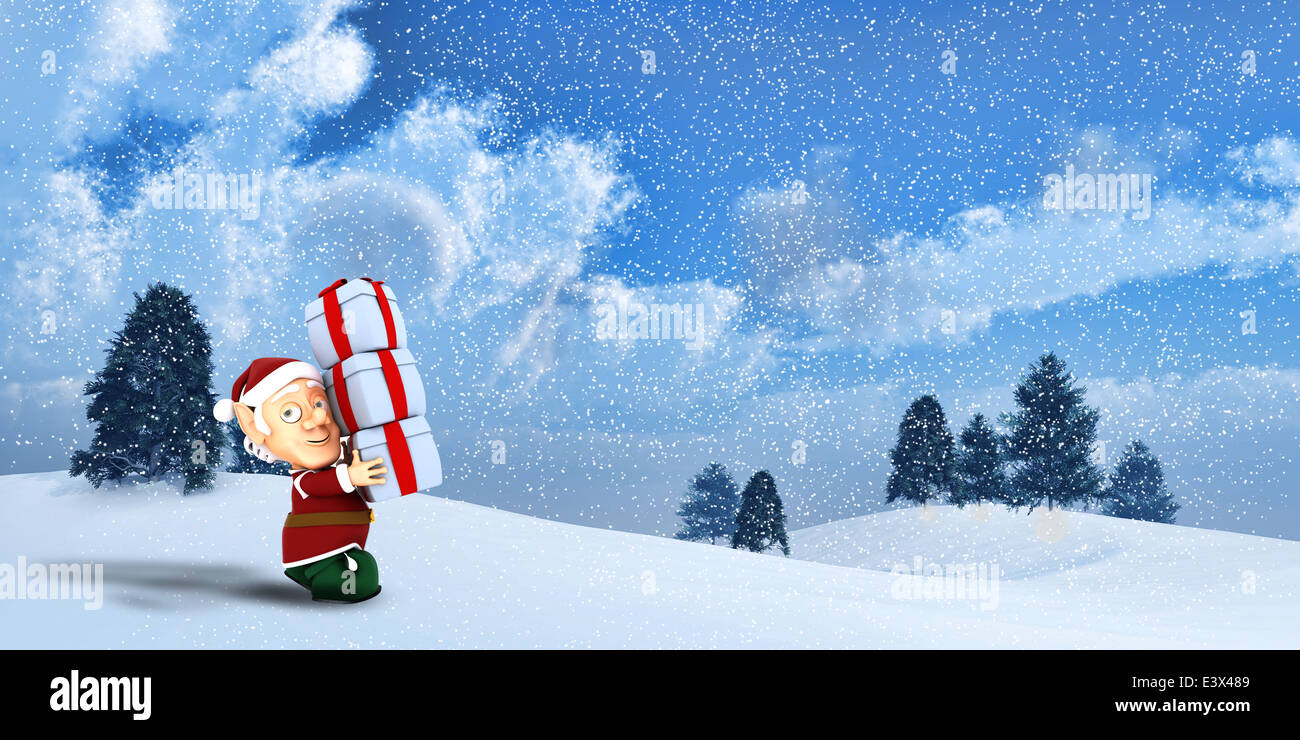 3D render of a cute Santa elf on a landscape of winter trees in a ...