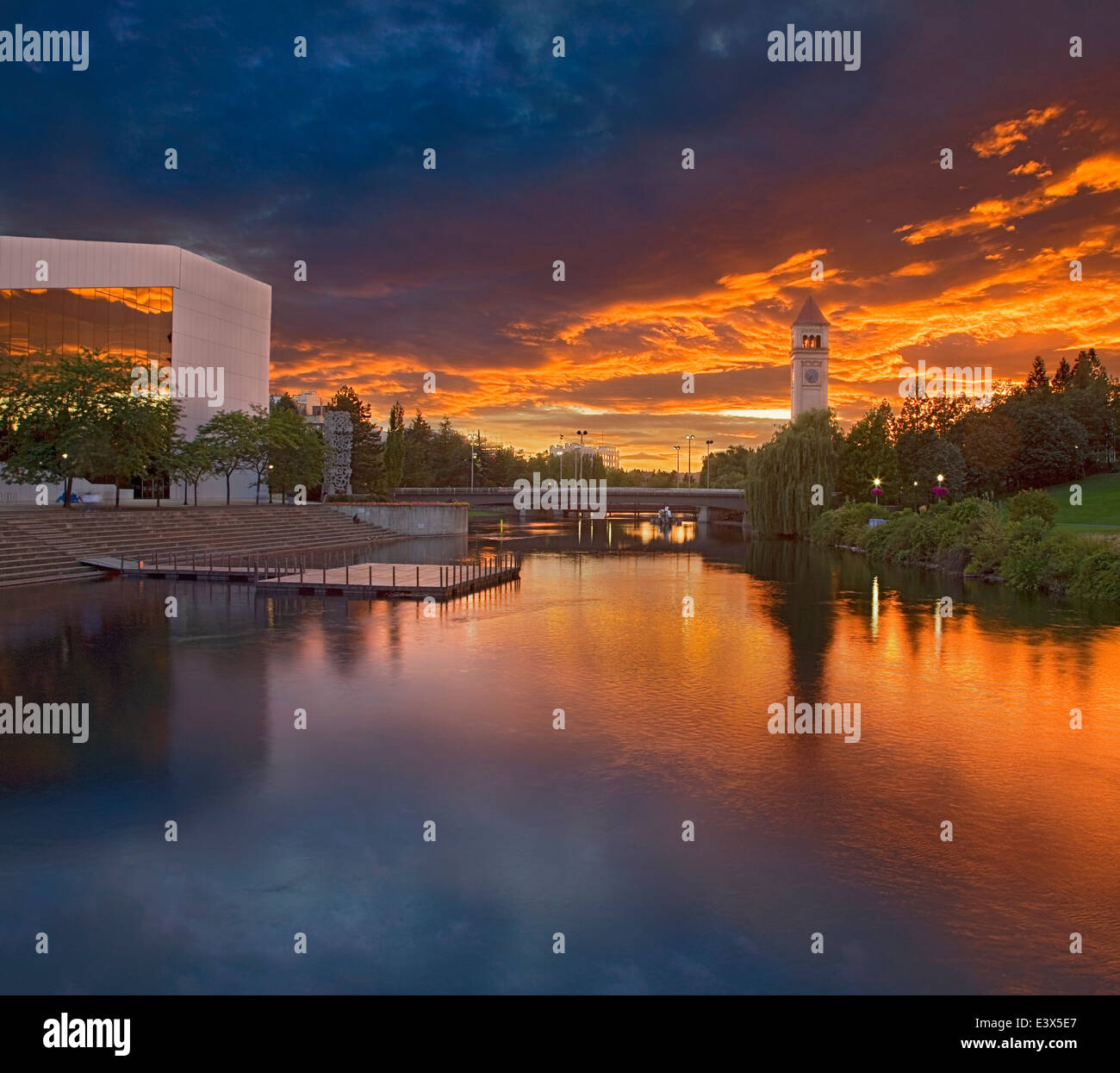 USA, Washington, Spokane, Riverfront Park, Spokane River, Clock Tower ...