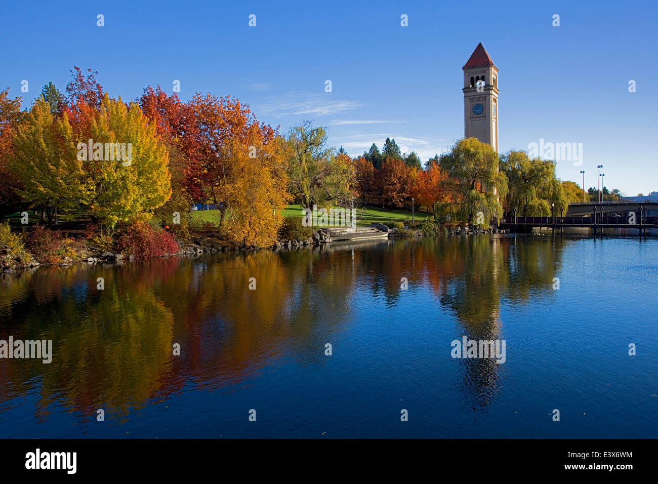 USA, Washington, Spokane, Riverfront Park, Spokane River, Clock Tower ...