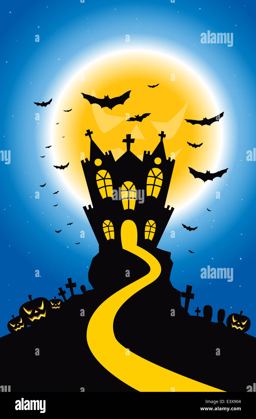 Vector illustration of a creepy house on a high hill with a road Stock ...