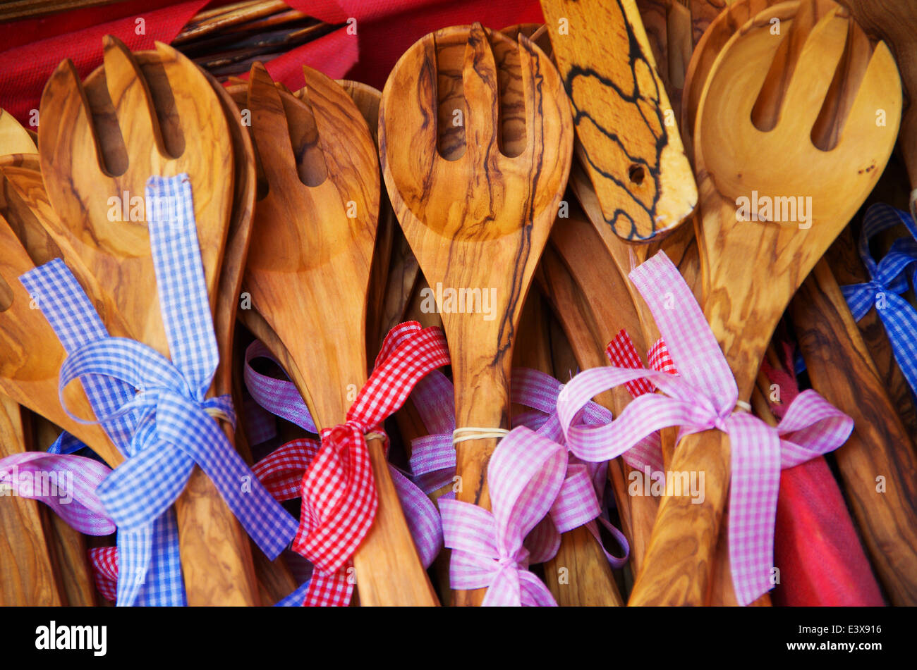 Wooden spoons and forks with ribbons from Corfu Stock Photo - Alamy
