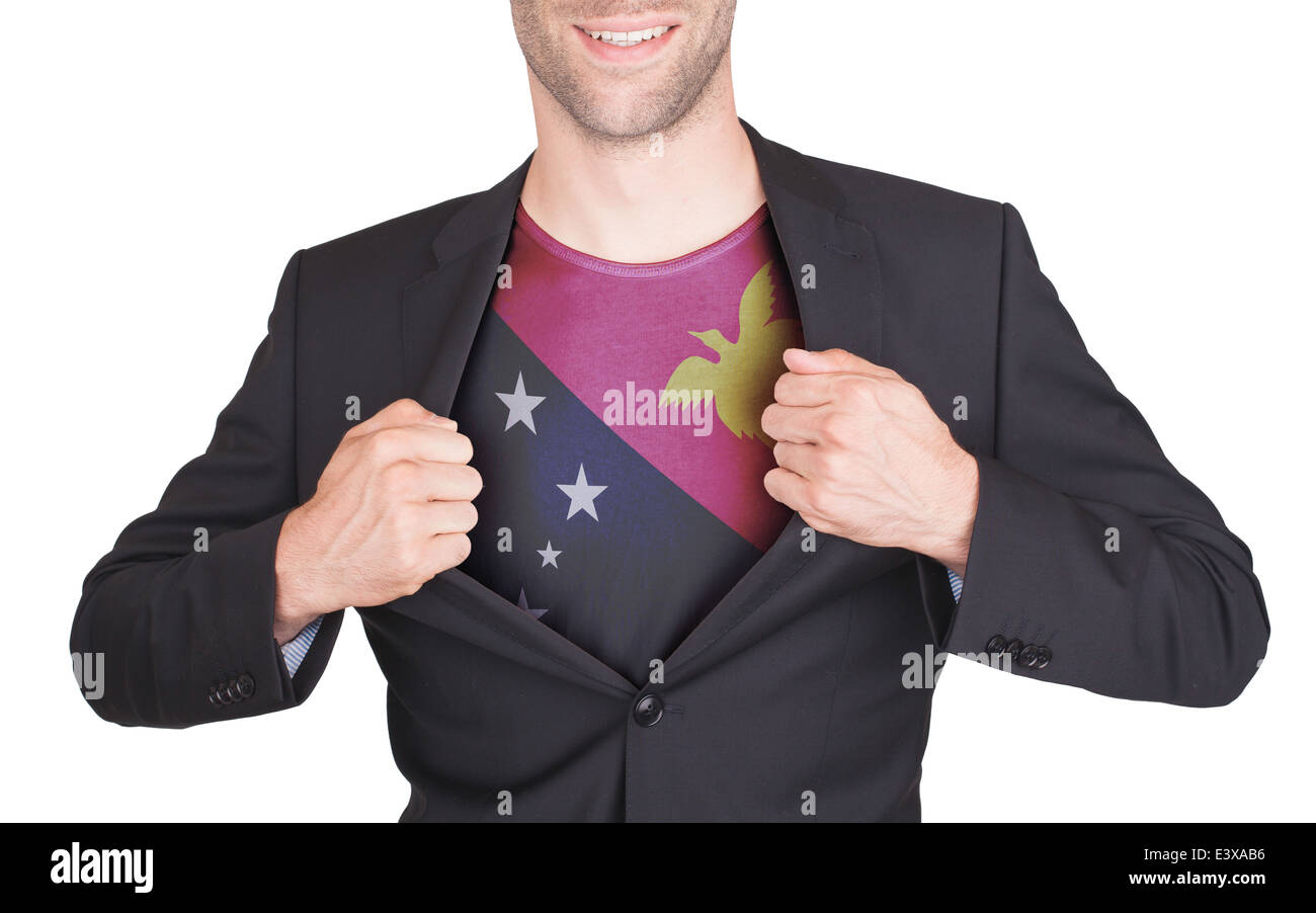 Businessman opening suit to reveal shirt with flag, Papua New Guinea ...