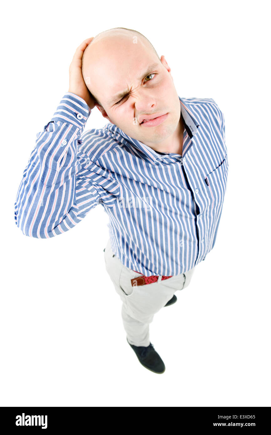 young casual man full body with a headache, in a white background Stock ...
