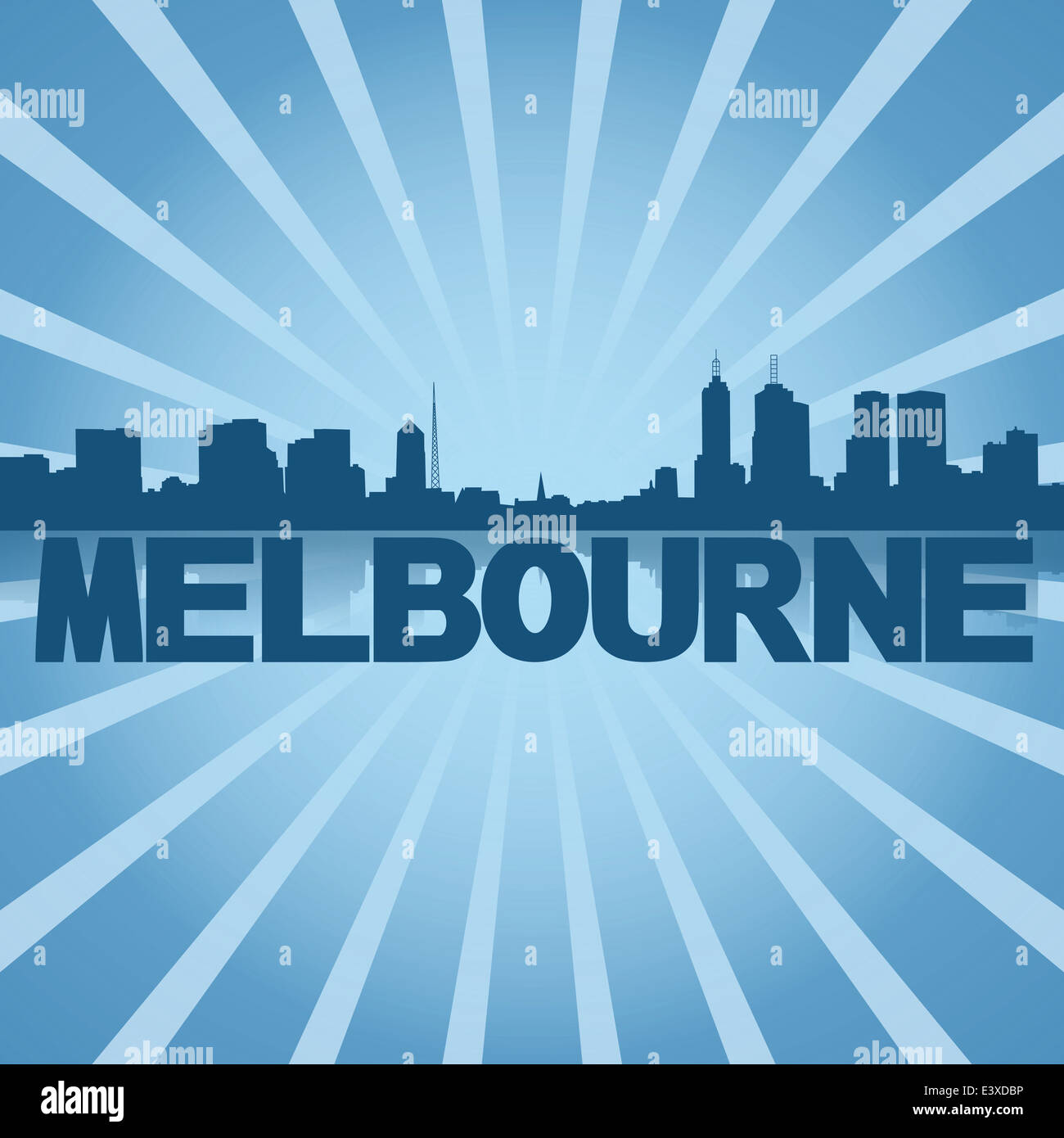 Melbourne skyline reflected with blue sunburst illustration Stock Photo ...