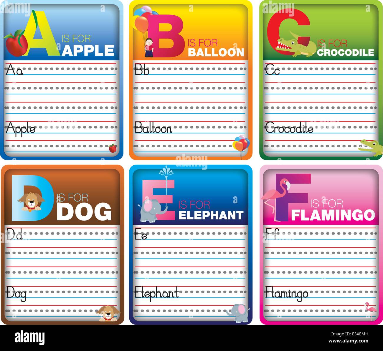 Childrens alphabet writing cards with cartoon characters on white Stock ...