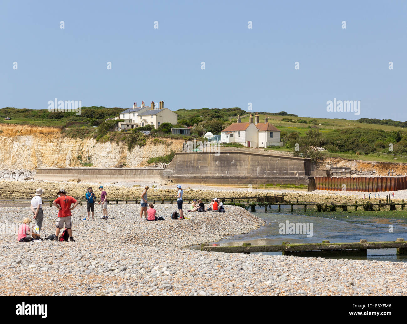 The estuary of the River Cuckmere and the coastguard cottages at ...