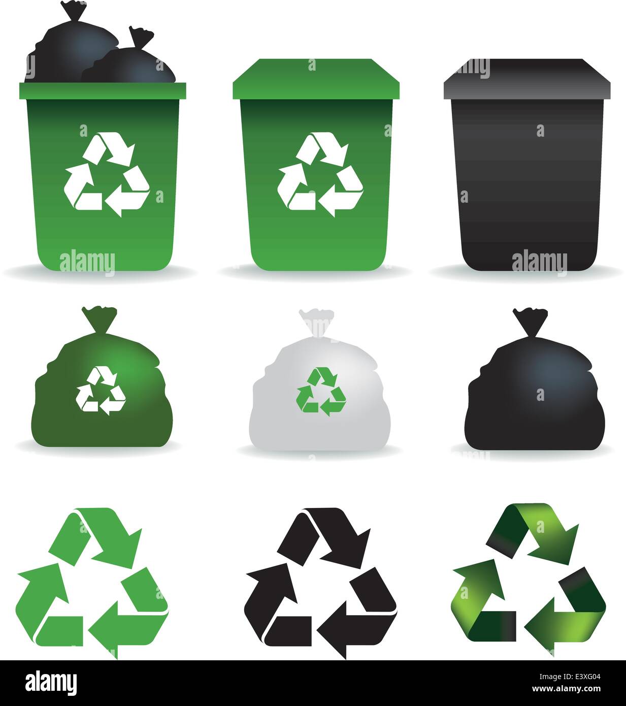 Illustration of a set of rubbish bins and recycle symbols Stock Vector ...
