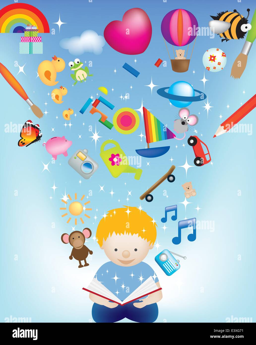 vector character illustration of a child reading a magic book exploding ...
