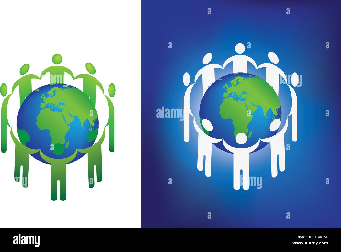 2 vector illustrations of a group forming a circle around the earth ...