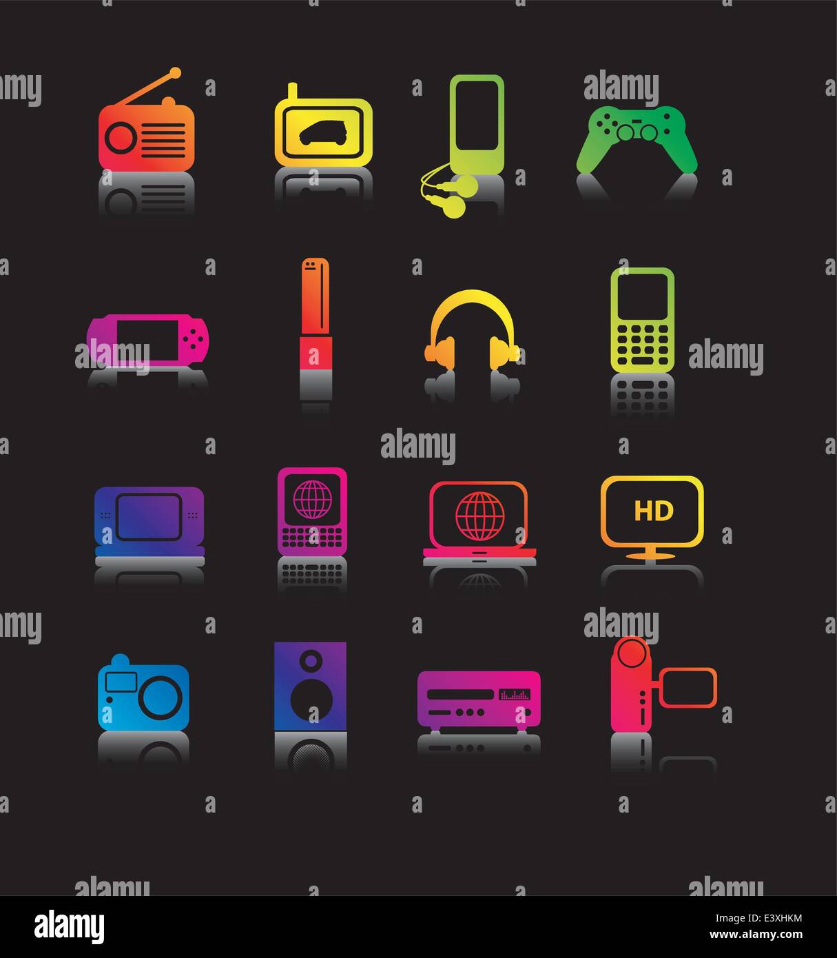 set of coloured entertainment icons and symbols on black with ...