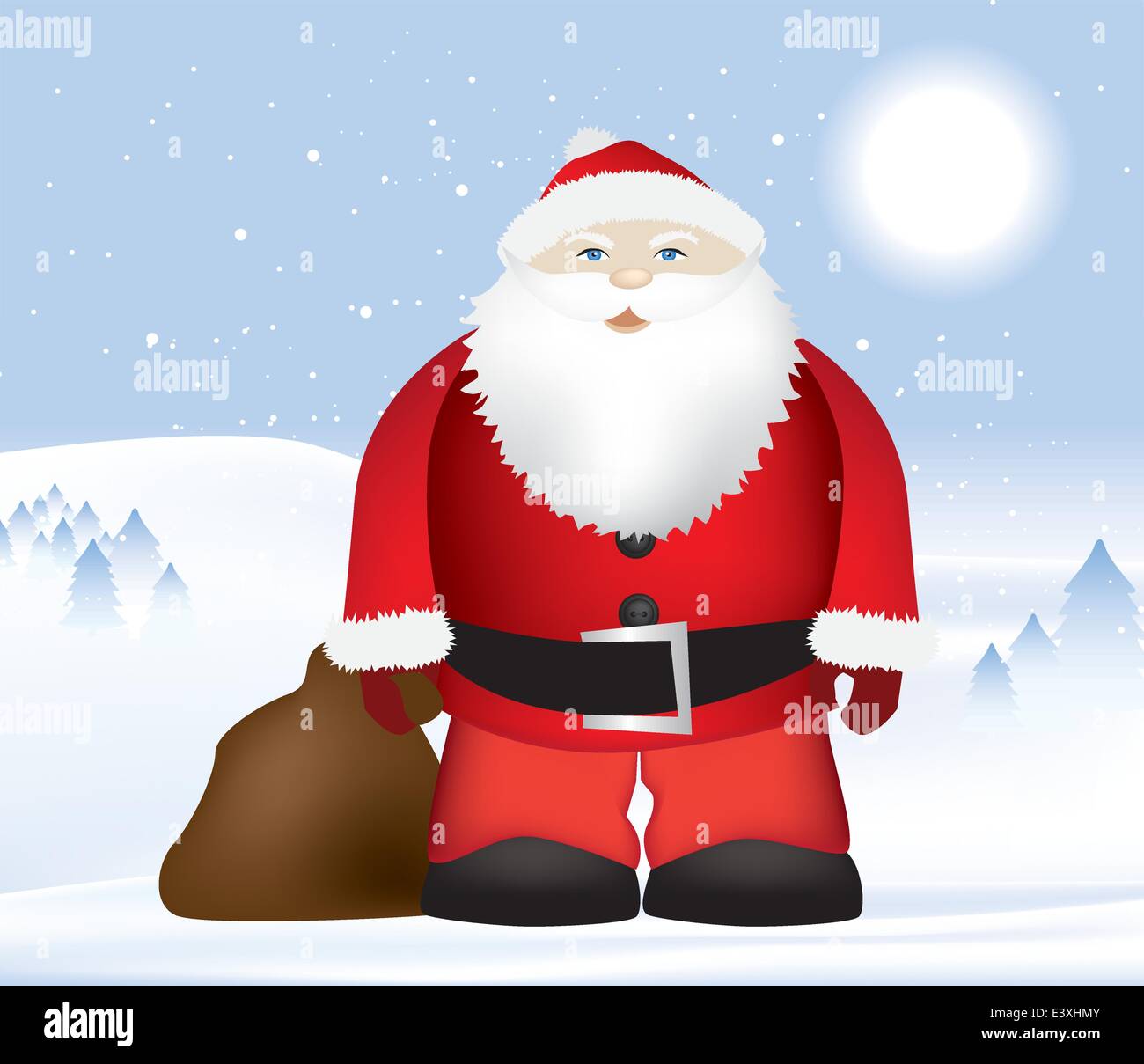 santa standing in a wintry landscape with sack of presents Stock Vector ...