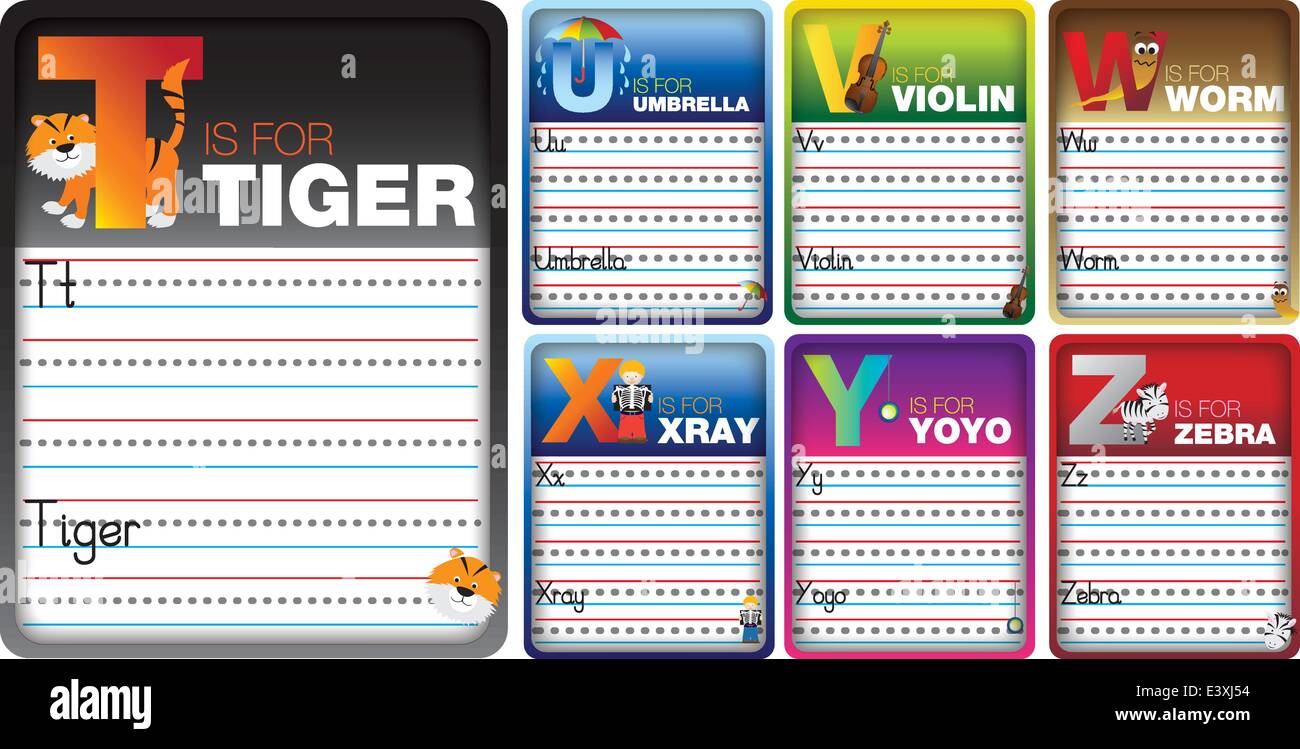 Childrens alphabet writing cards with cartoon characters on white Stock ...