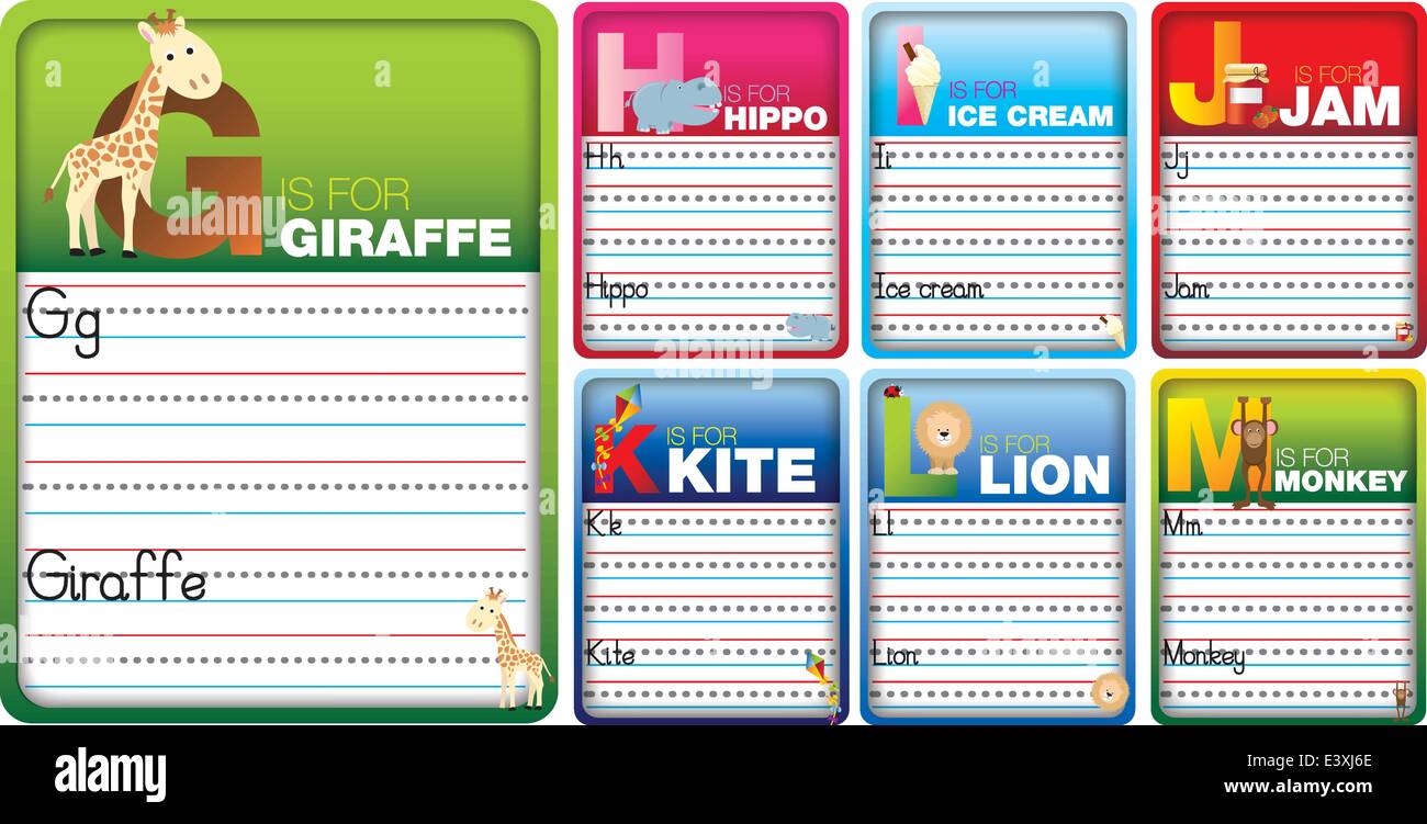 Childrens alphabet writing cards with cartoon characters on white Stock ...