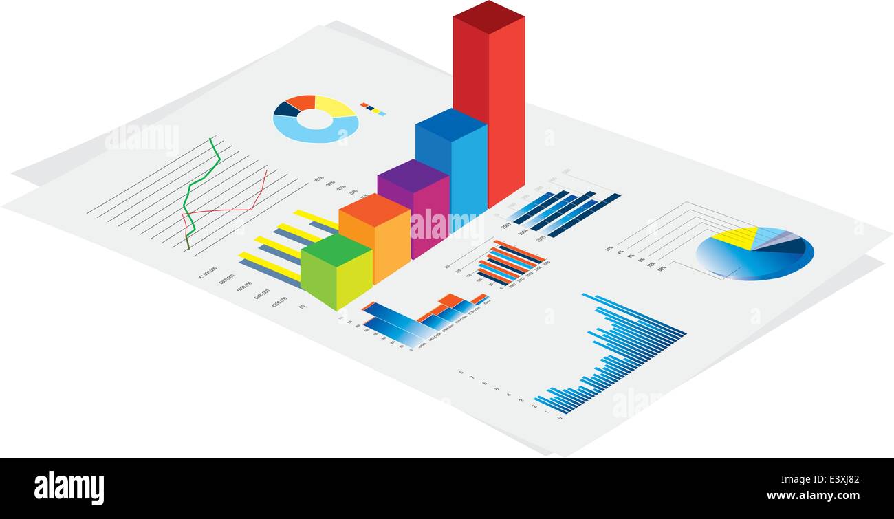 3d vector visual of business financial performance graphs on white ...