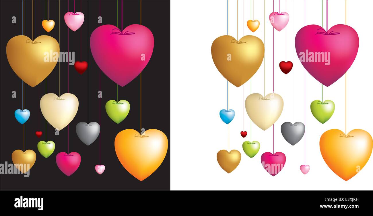 illustration on white and black of love hearts dangling on strings ...