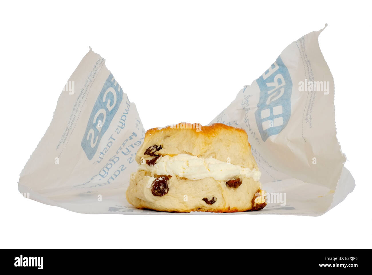 fresh cream fruit scone in a torn open takeaway bag cut out on white ...