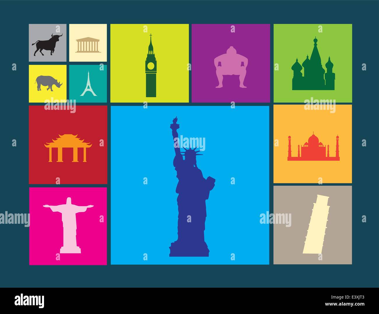 world famous landmarks as icon or button designs in colour on colour ...