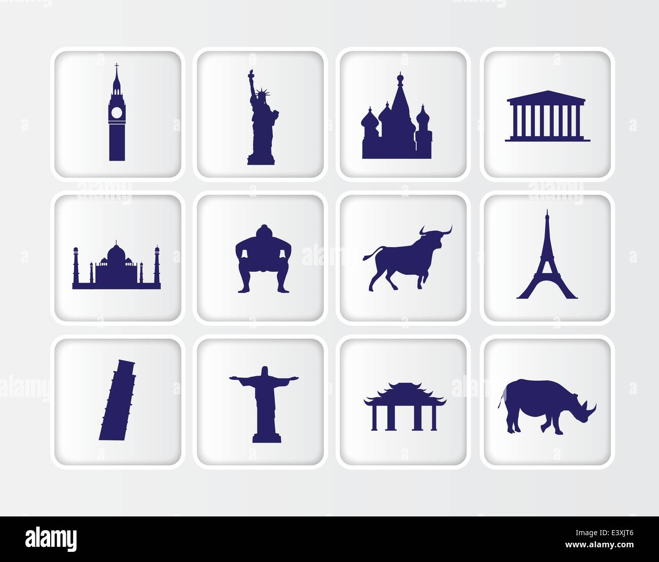 white symbols of famous tourist statues and buildings from around the ...