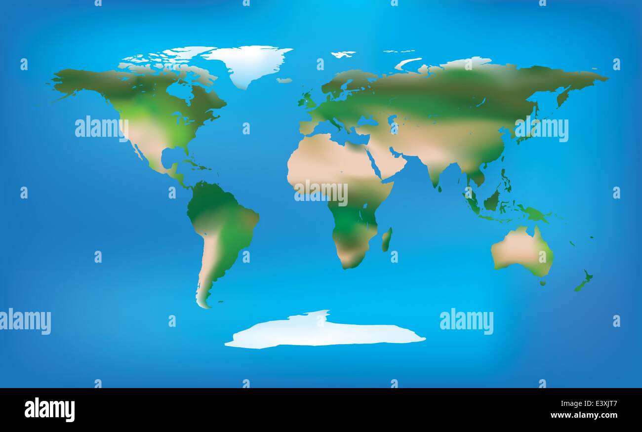 Illustration of a world map with detailed land colouring including ice ...