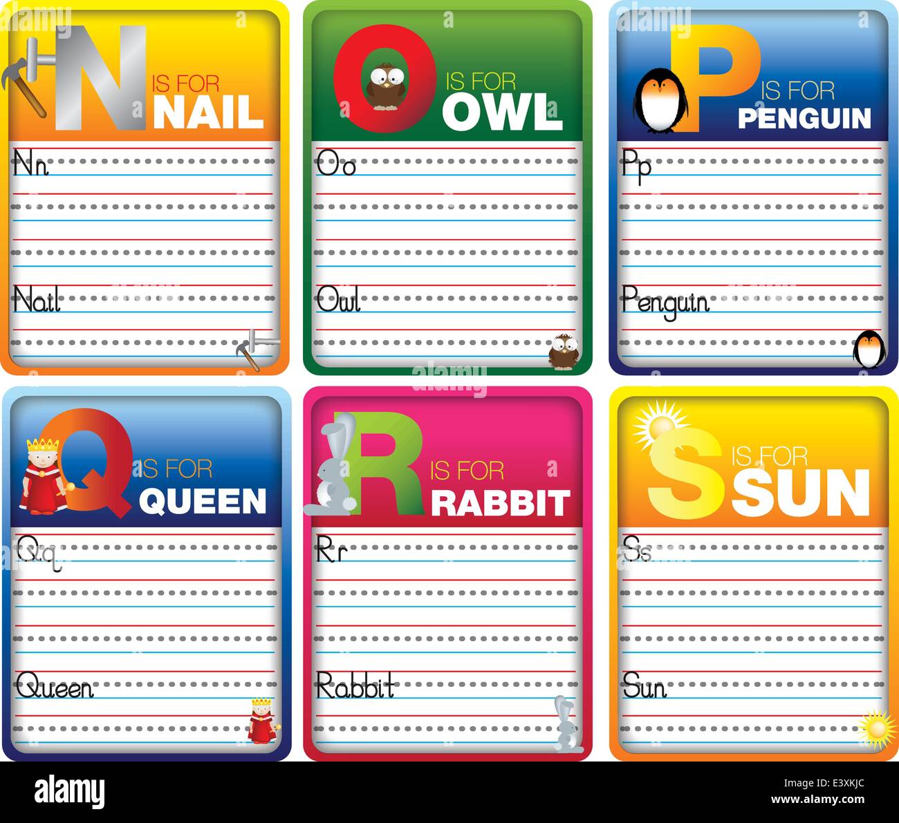 Childrens alphabet writing cards with cartoon characters on white Stock ...