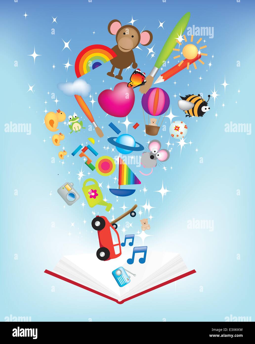 A vector illustration of an open book with all sorts of fun objects ...
