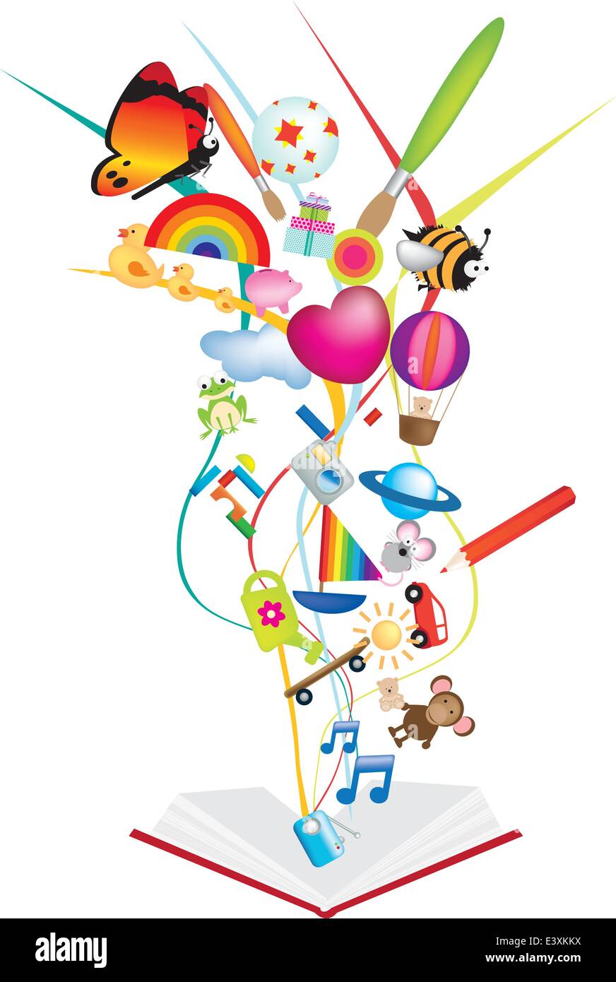 A vector illustration of an open book with objects coming out Stock ...