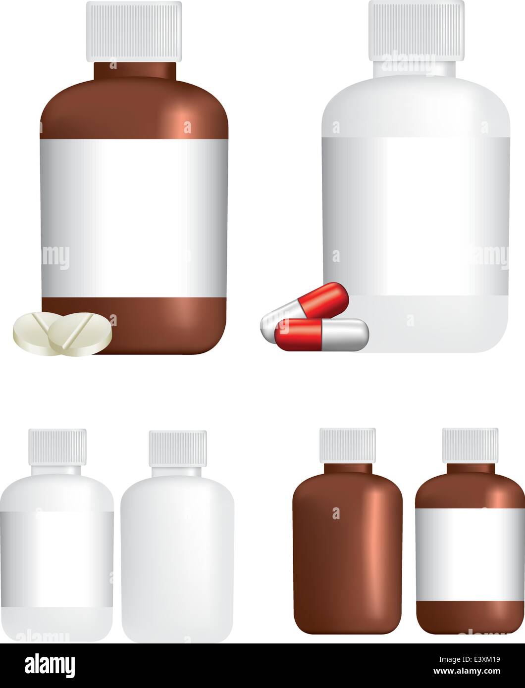 A selection of medicine or tablet bottles and pills on white background ...