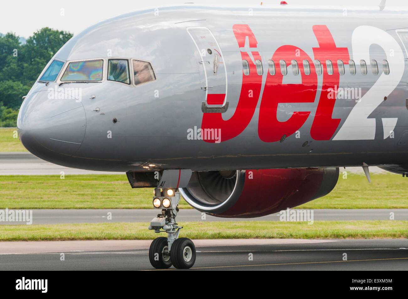 Closeup up view of a Jet 2.com Boeing 757-200 aircrafts cockpit as it ...