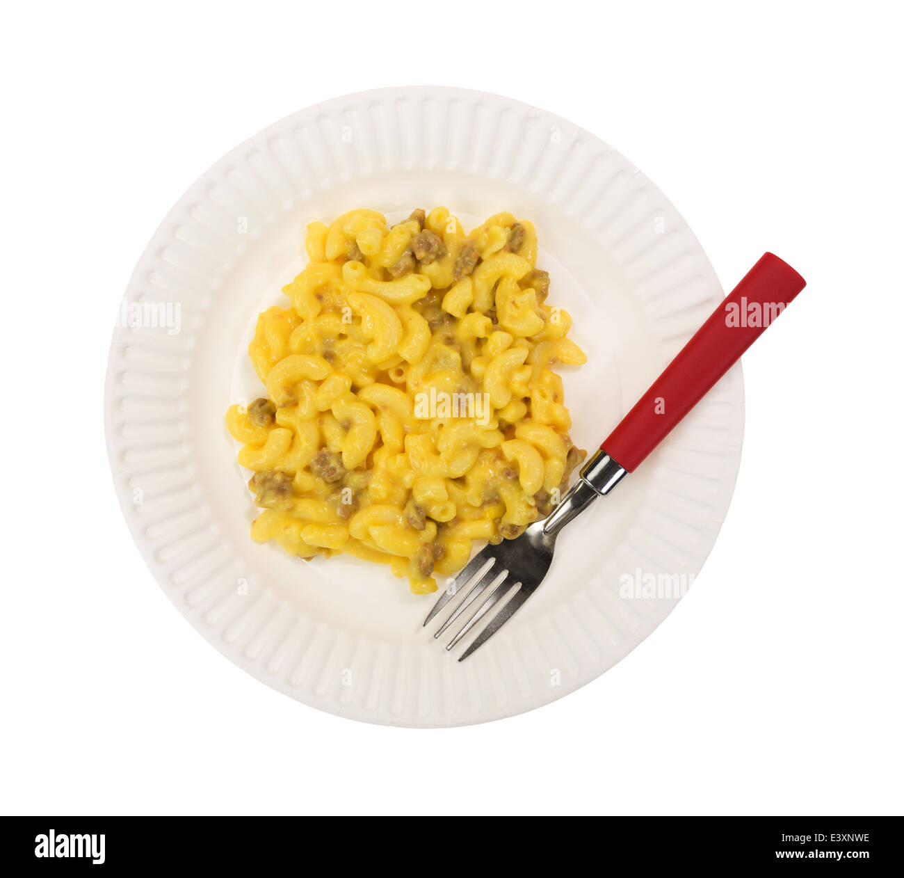 Top view of macaroni and cheese with small chunks of meat on a paper ...