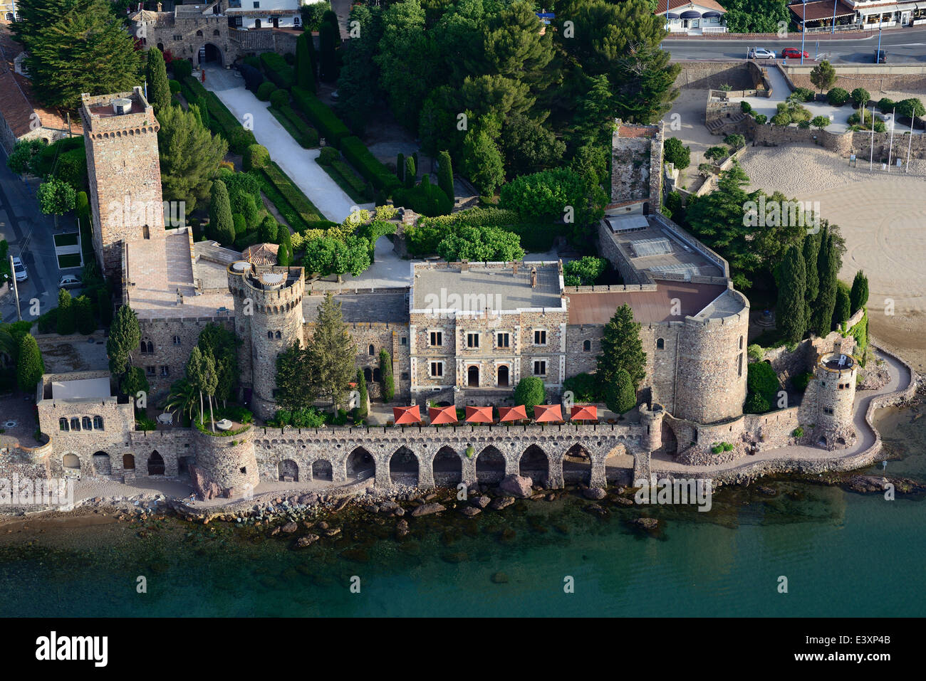 AERIAL VIEW. Medieval castle on the Mediterranean seashore. La Napoule ...