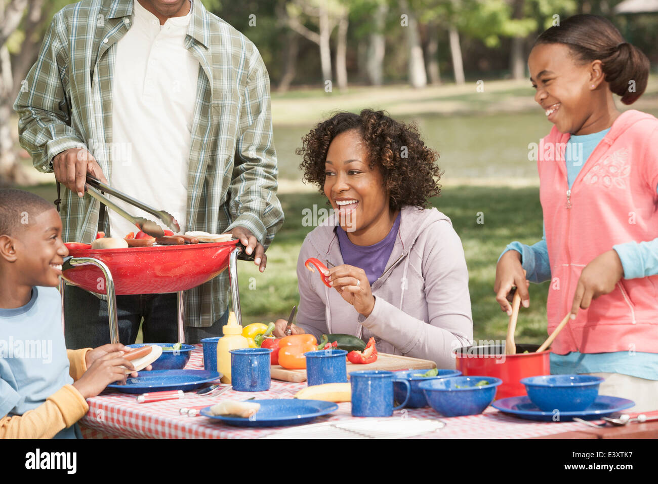 Family cooking together at picnic Stock Photo - Alamy