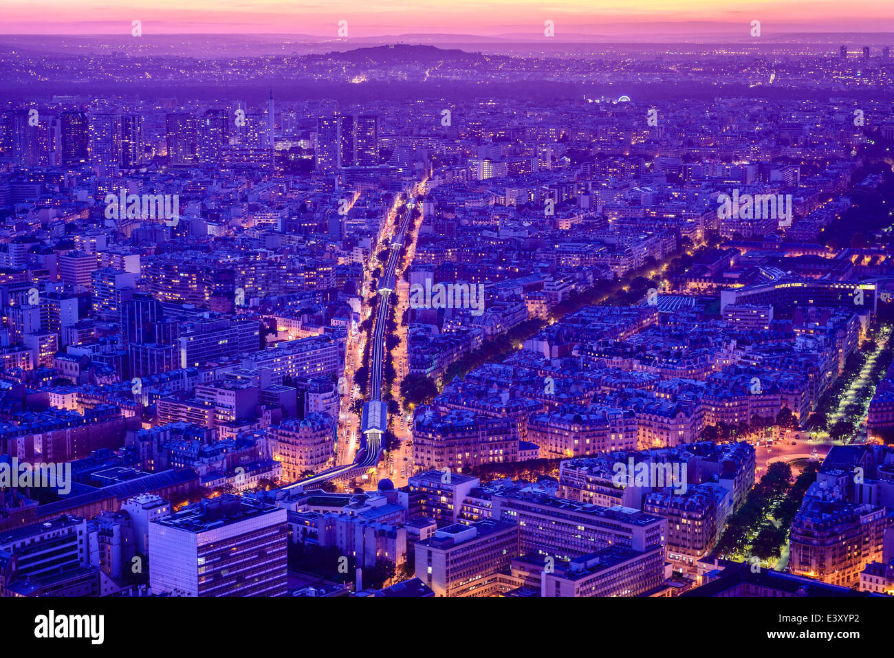 Aerial view of Paris cityscape at night, Paris, Ile de France, France ...