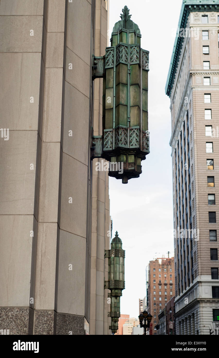 A lamp on the facade of 11 Madison Park known as the Metropolitan North ...