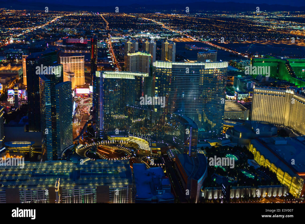 Aerial view of Las Vegas cityscape lit up at night, Las Vegas, Nevada ...