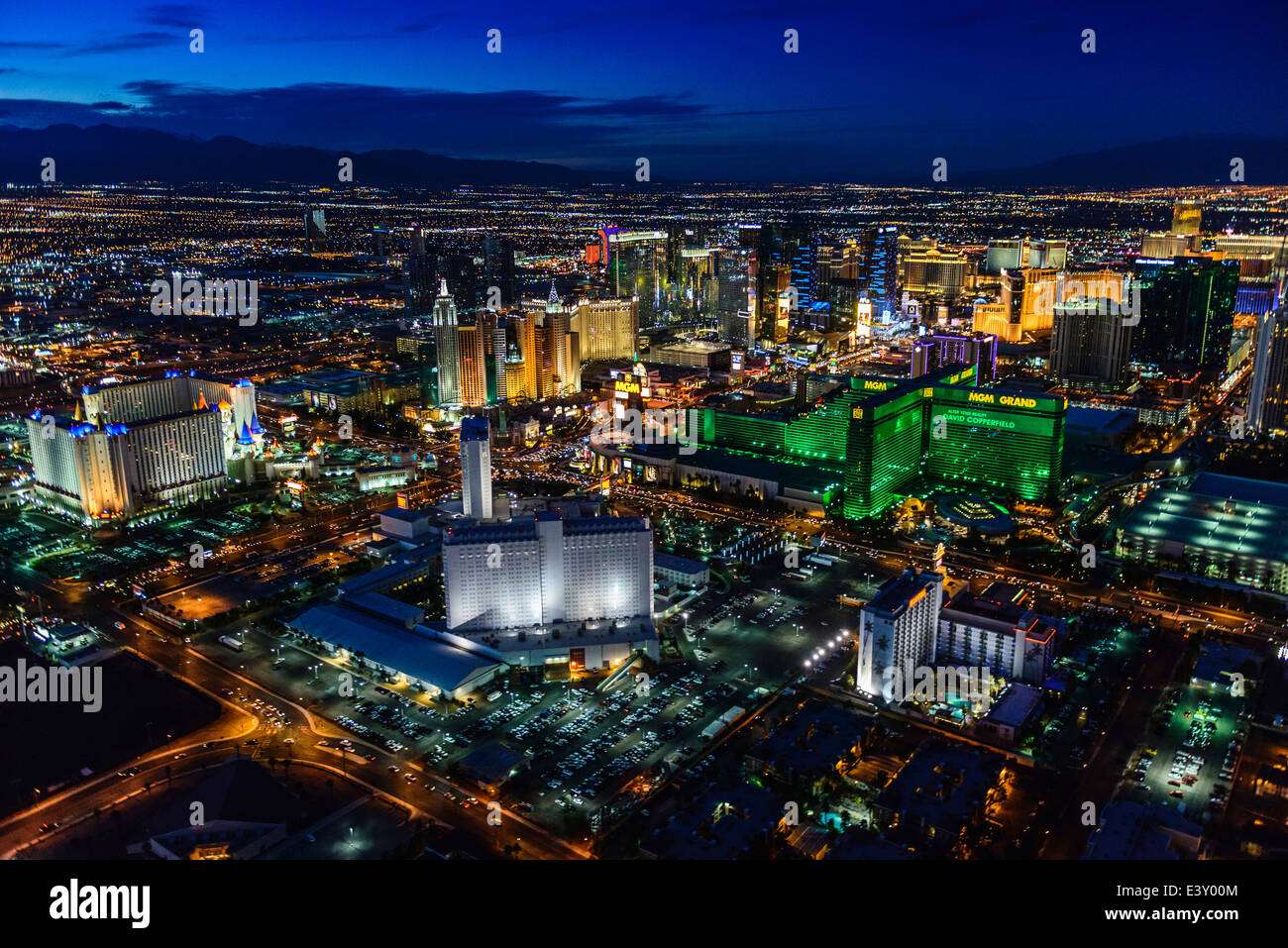 Aerial view of Las Vegas cityscape lit up at night, Las Vegas, Nevada ...