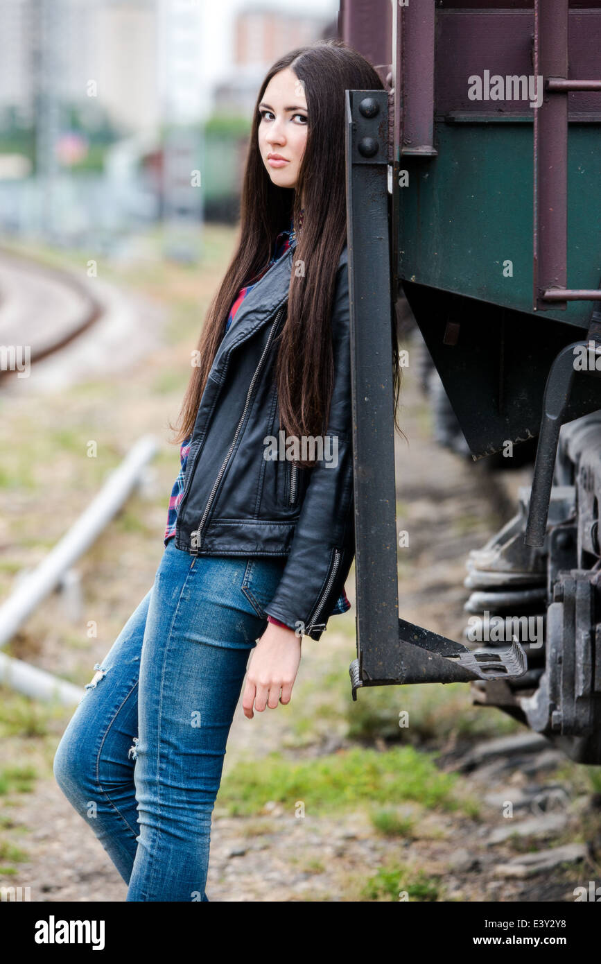 Girl at railroad Stock Photo - Alamy