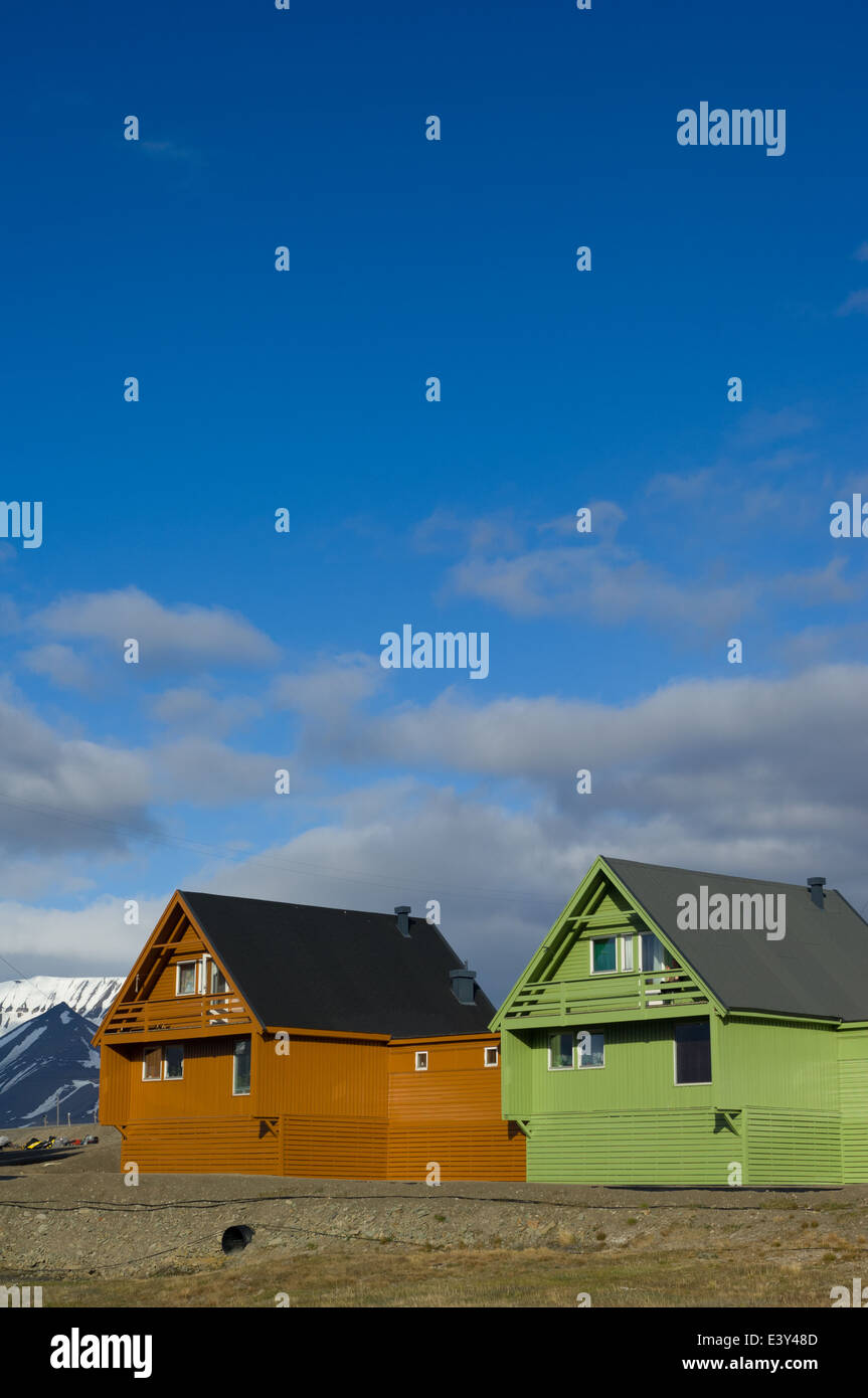 Brightly coloured wooden houses in Longyearbyen, Spitsbergen, Svalbard ...