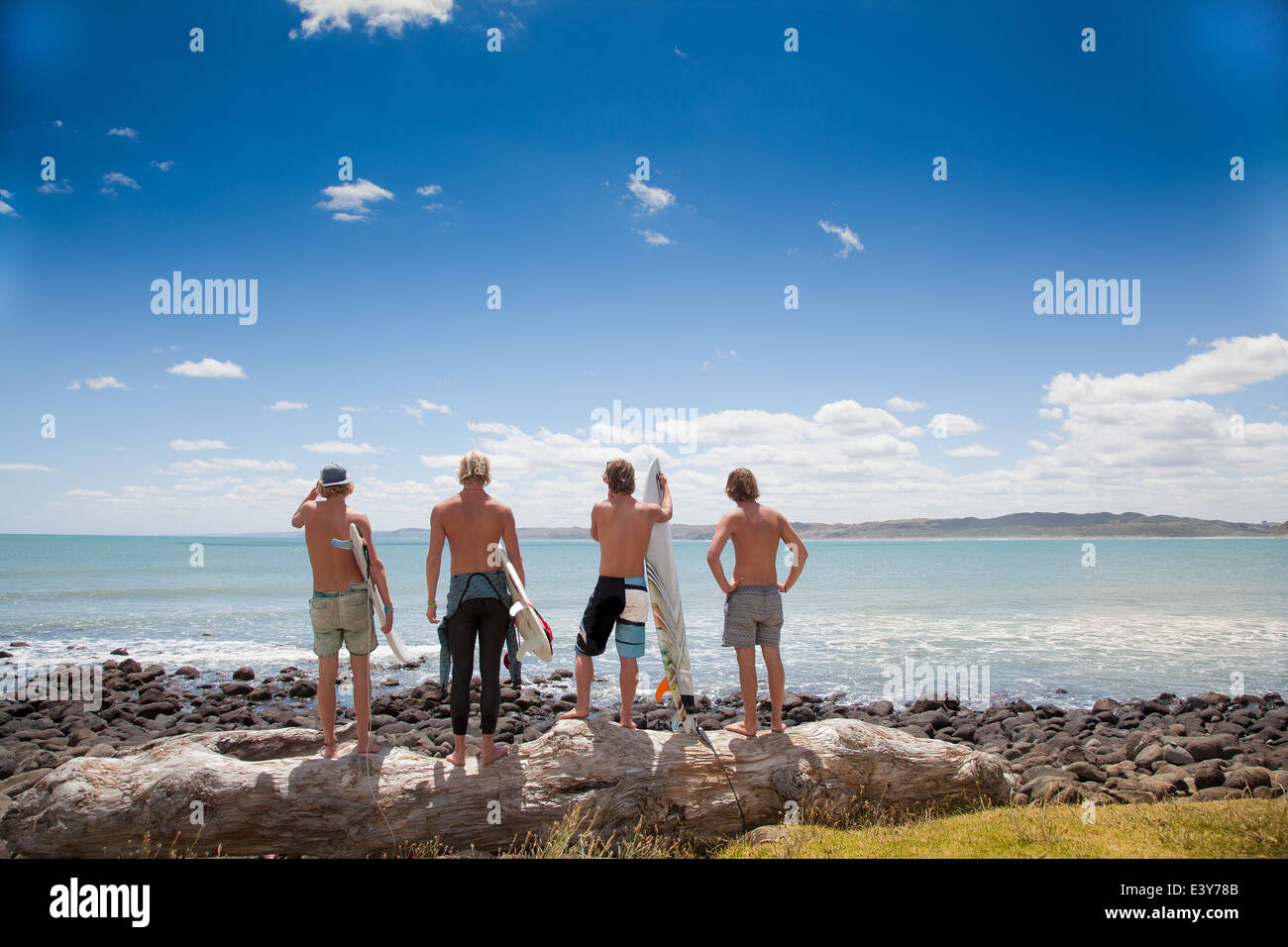Four young male surfer friends watching sea from rocks Stock Photo - Alamy