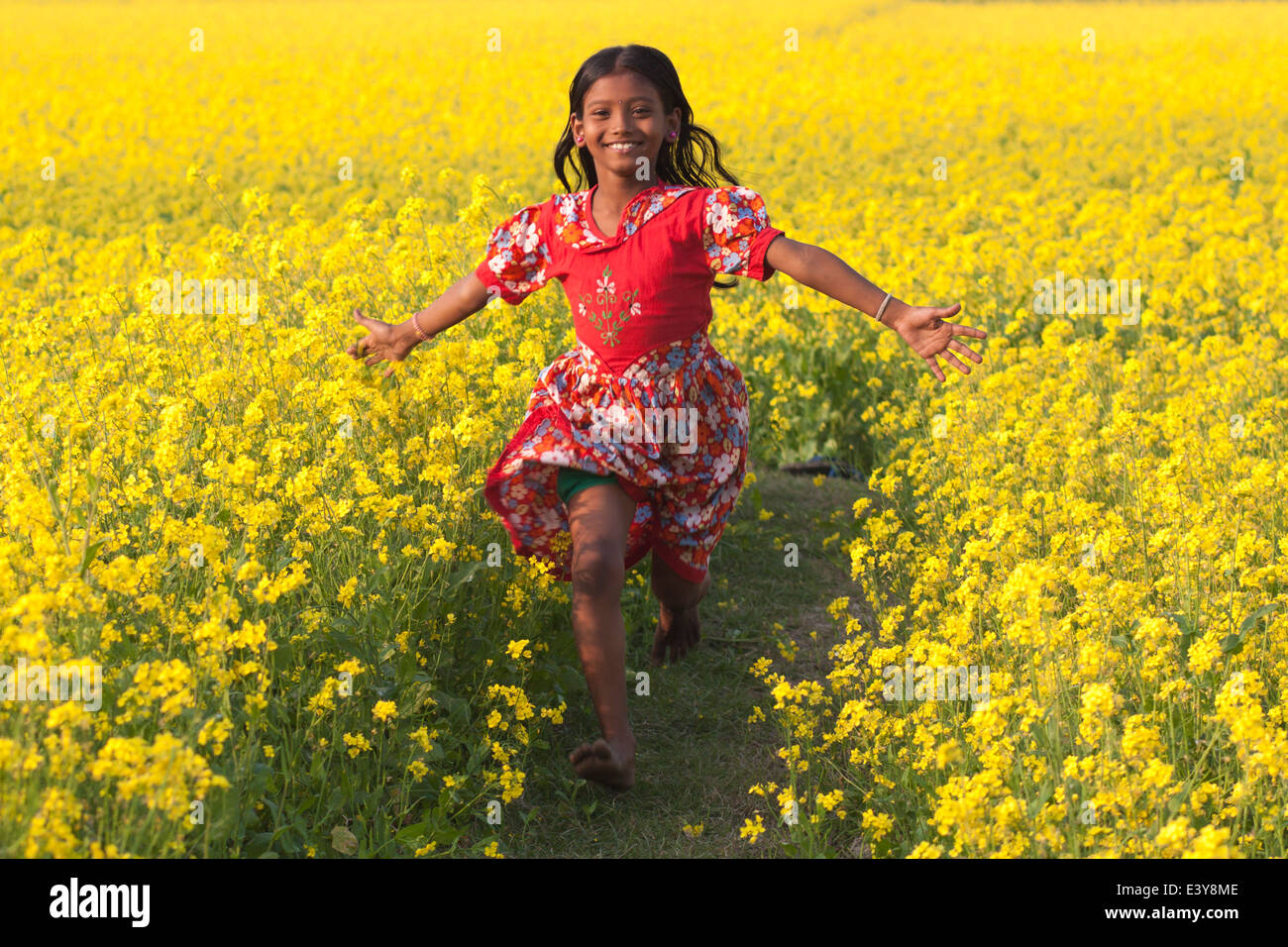 Smile girl in mustard field Stock Photo - Alamy