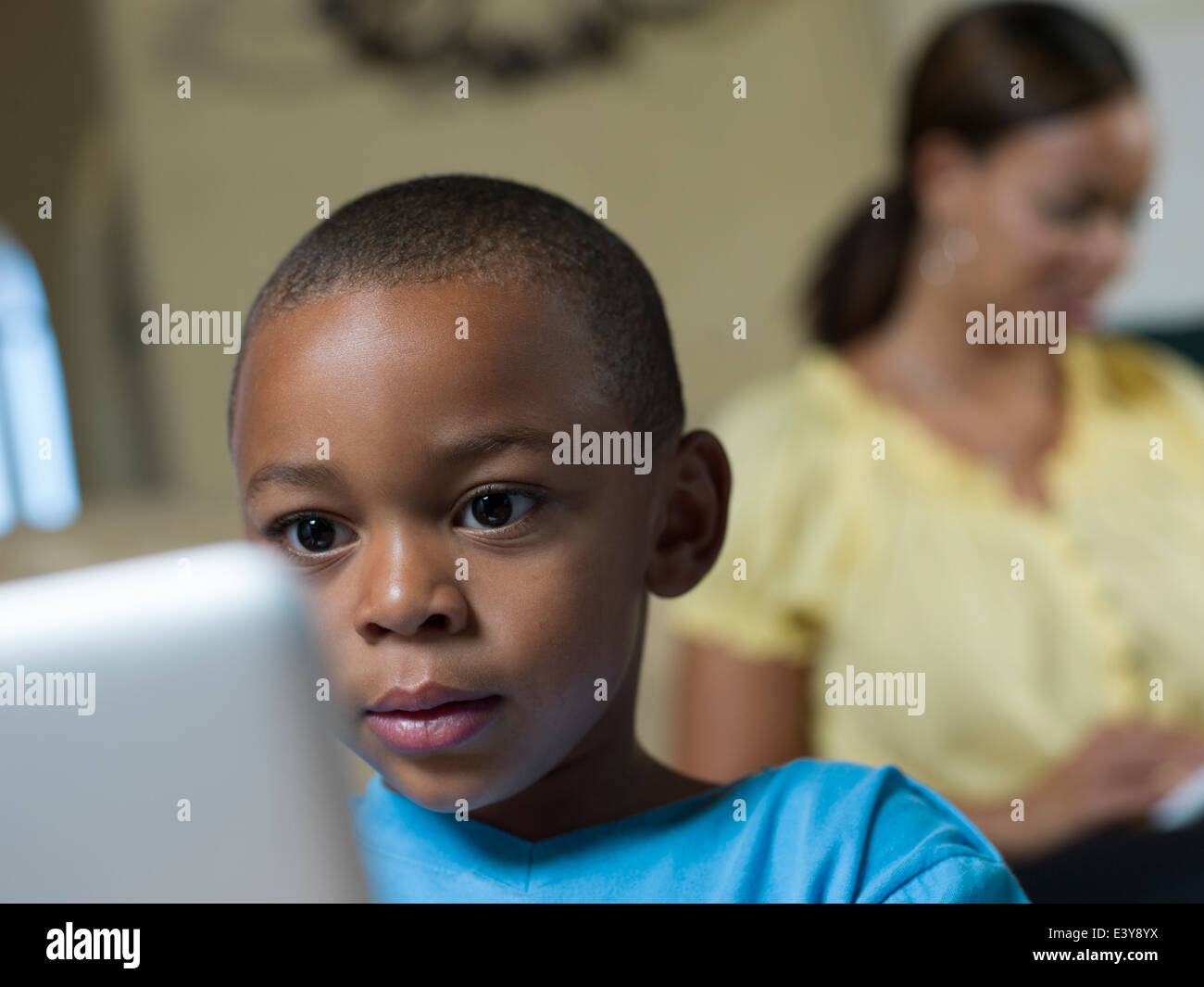 Boy using laptop in sitting room Stock Photo - Alamy