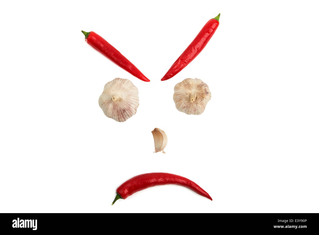 face of chili pepper and garlic on a white background Stock Photo - Alamy