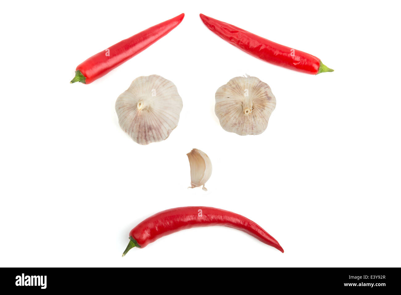 face of chili pepper and garlic on a white background Stock Photo - Alamy