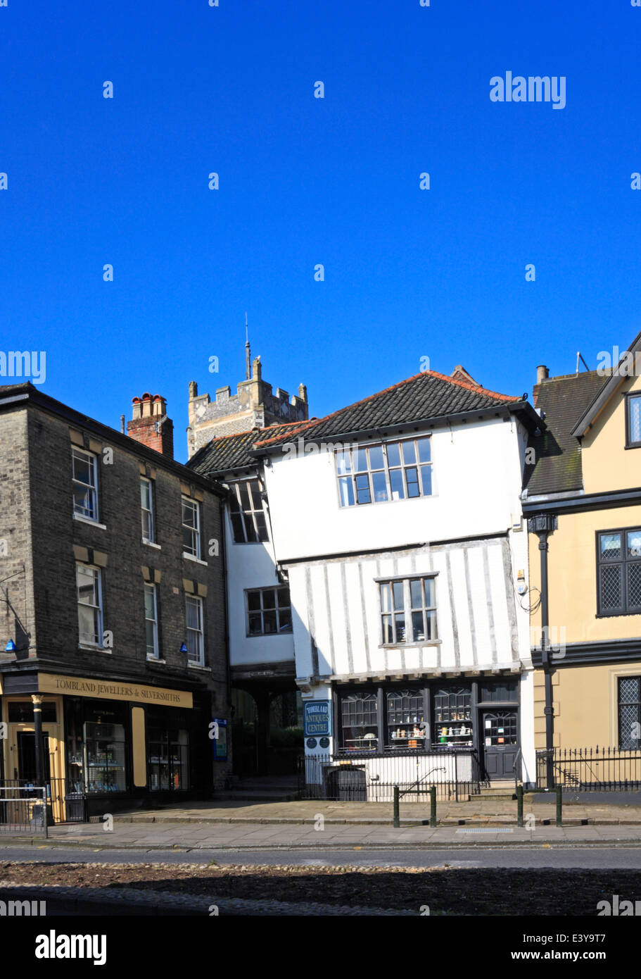 A view of a leaning medieval building in Tombland, Norwich, Norfolk ...