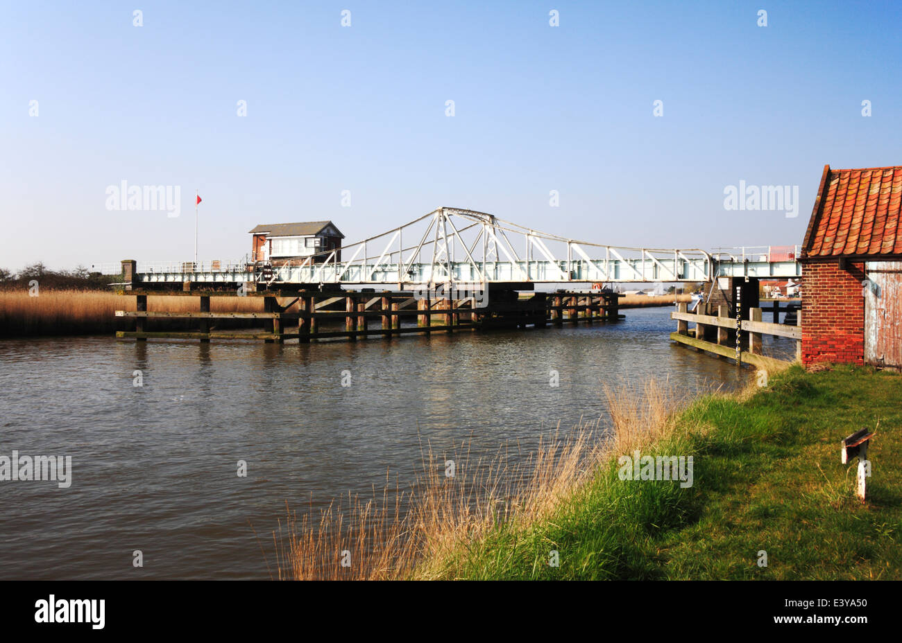 A view of Reedham Swing Bridge on the river Yare at Reedham, Norfolk ...